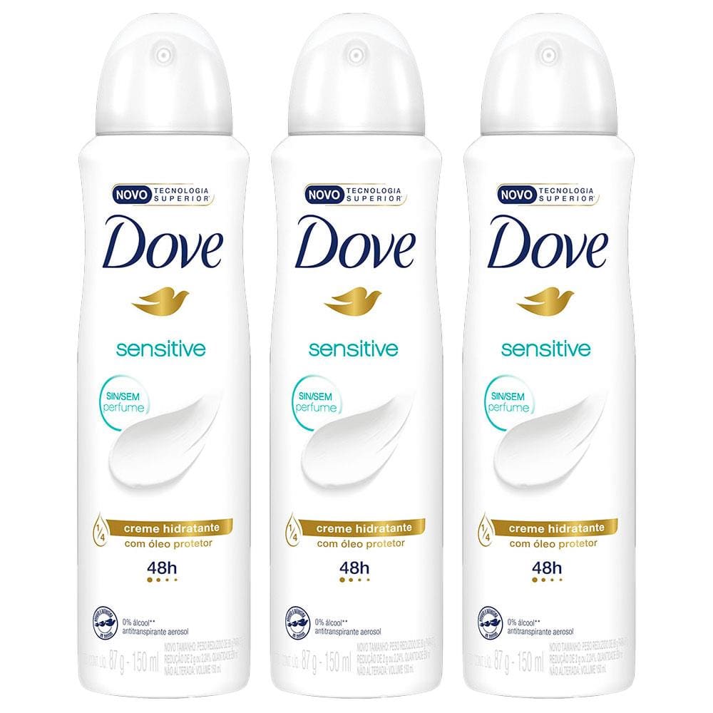 Desodorante antitranspirante aerosol dove sensitive sem perfume 150 ml ...