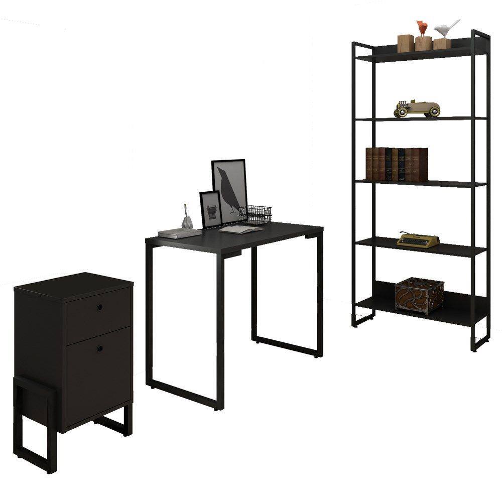 Conjunto home office com mesa escritorio estante e gaveteiro 3 gaveta ...