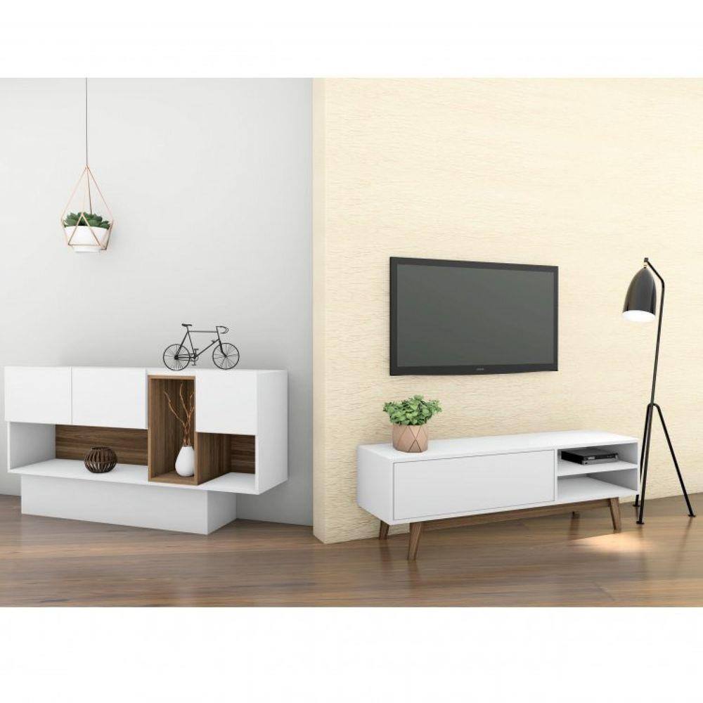 Rack para tv ate 48 polegadas 1 porta basculante e pes de madeira estilare brancomadeirado ...