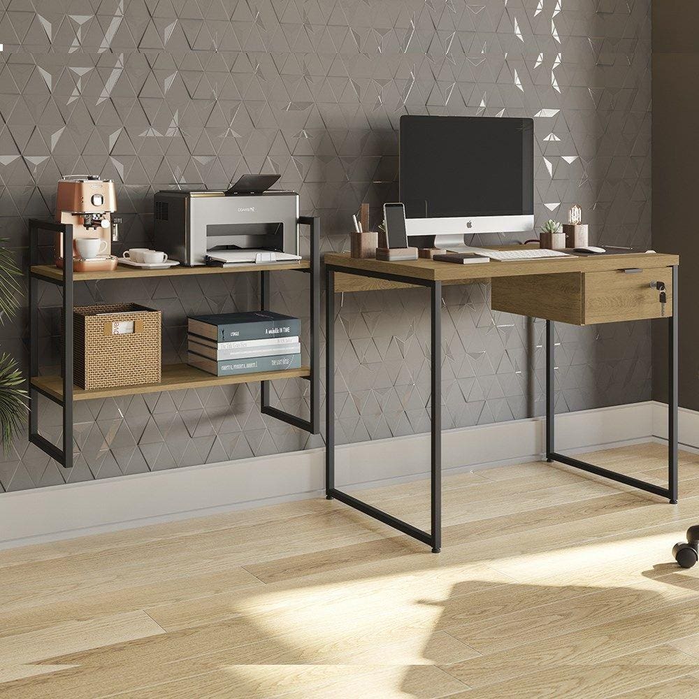 Mesa escritorio estilo industrial com prateleira | Casas Bahia