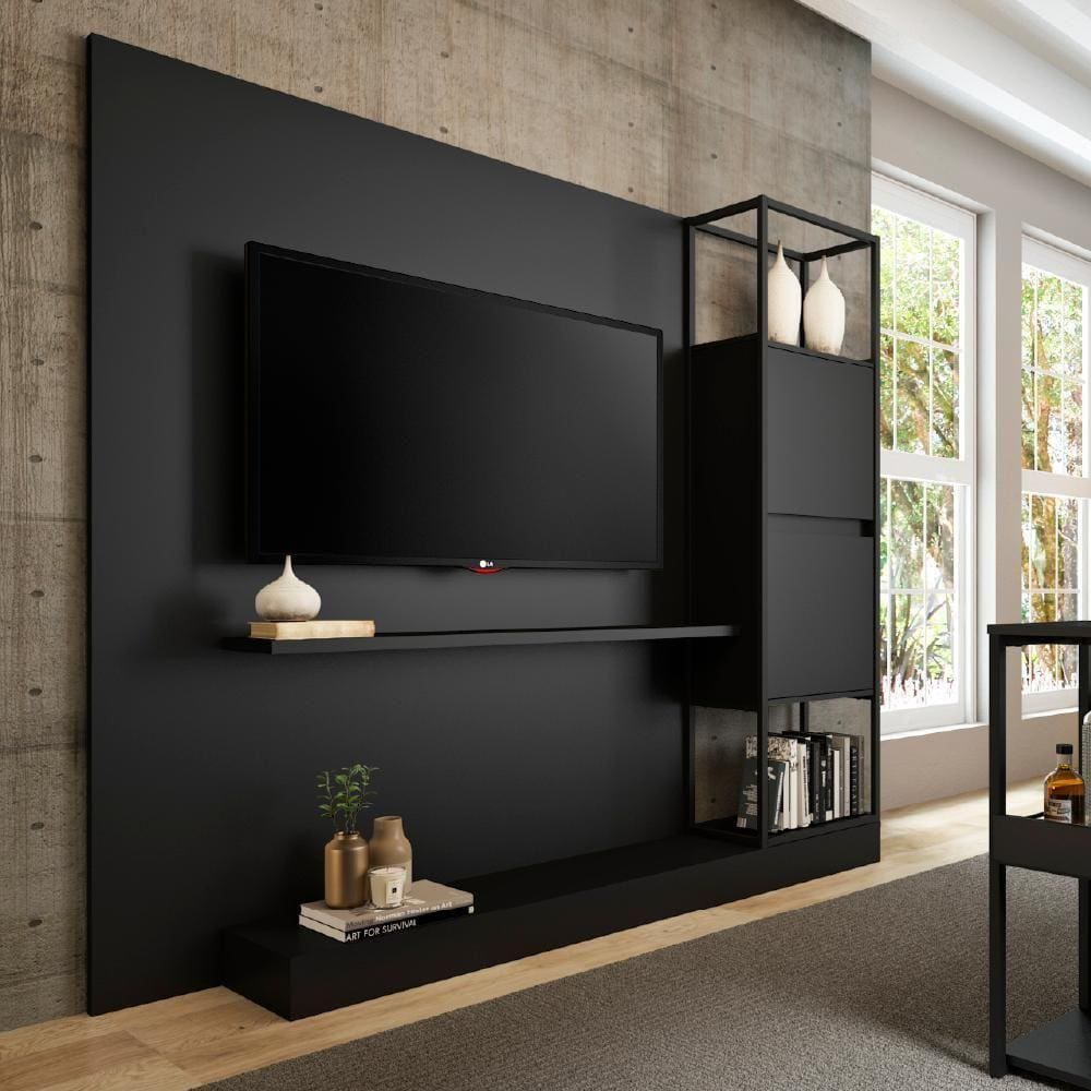 Painel tv com estante pretopainel tv com estante preto e tubos preto ...