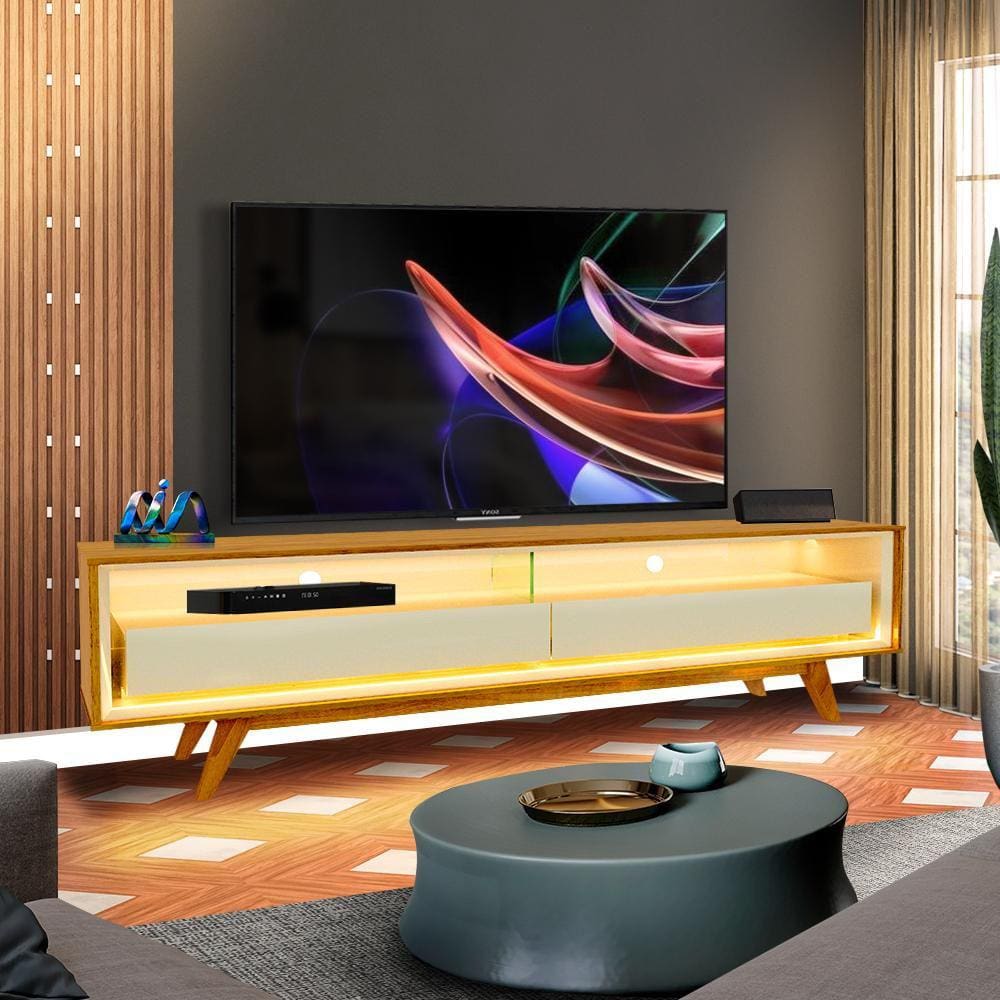 Painel e rack tv 65 polegadas branco e madeira | Casas Bahia