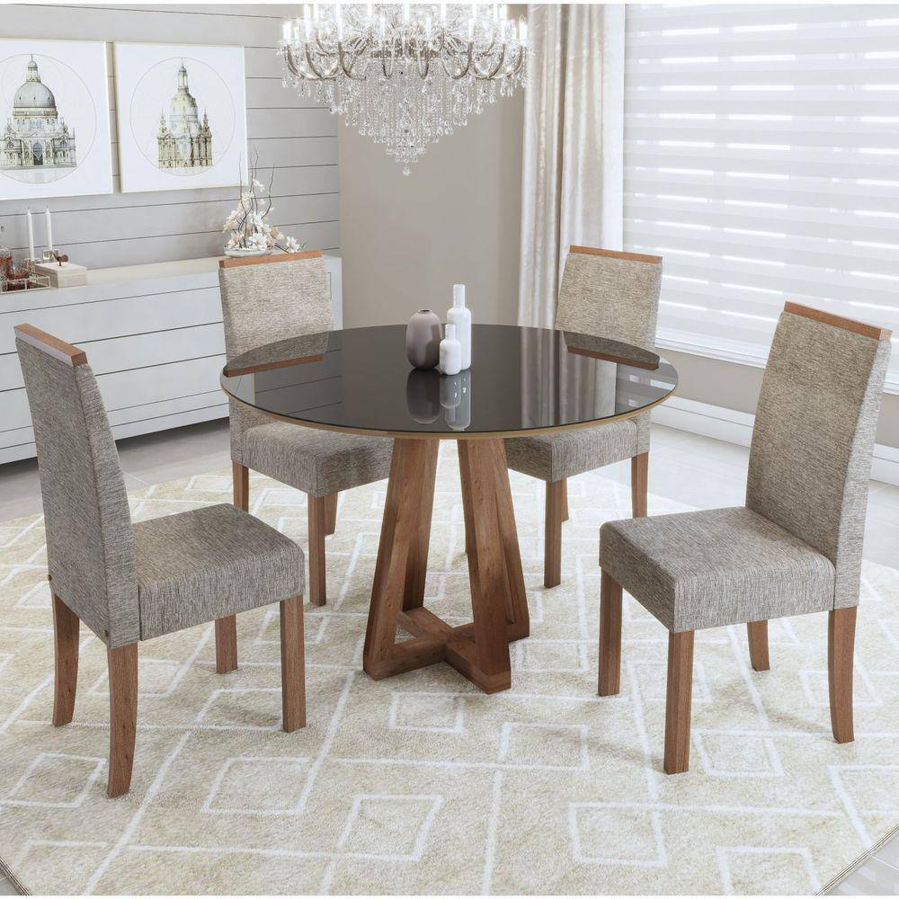 Conjunto sala de jantar mesa redonda tampo preto com vidro com 4 ...