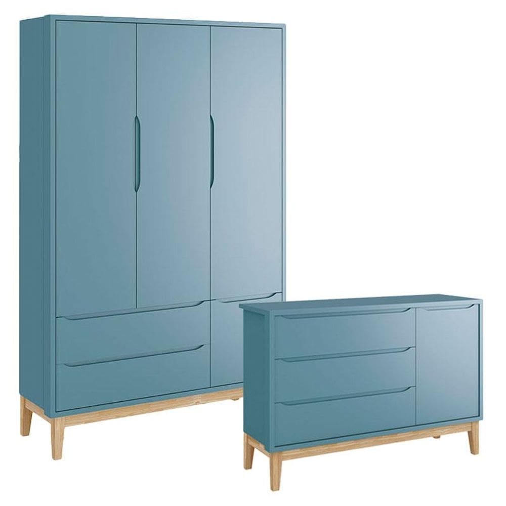 Guarda roupa infantil new classic 3 portas azul com pes madeira reller ...
