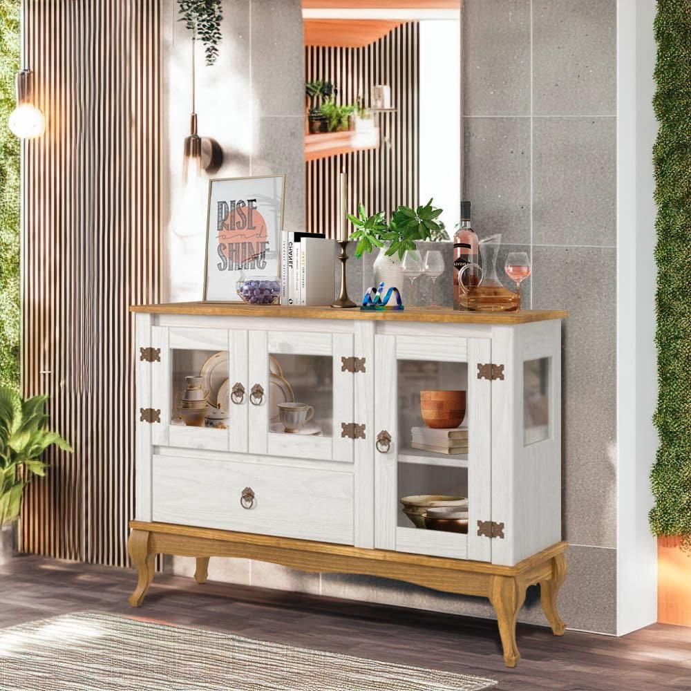 Aparador rustico madeira macica 3 portas vidro lateral branco branco ...