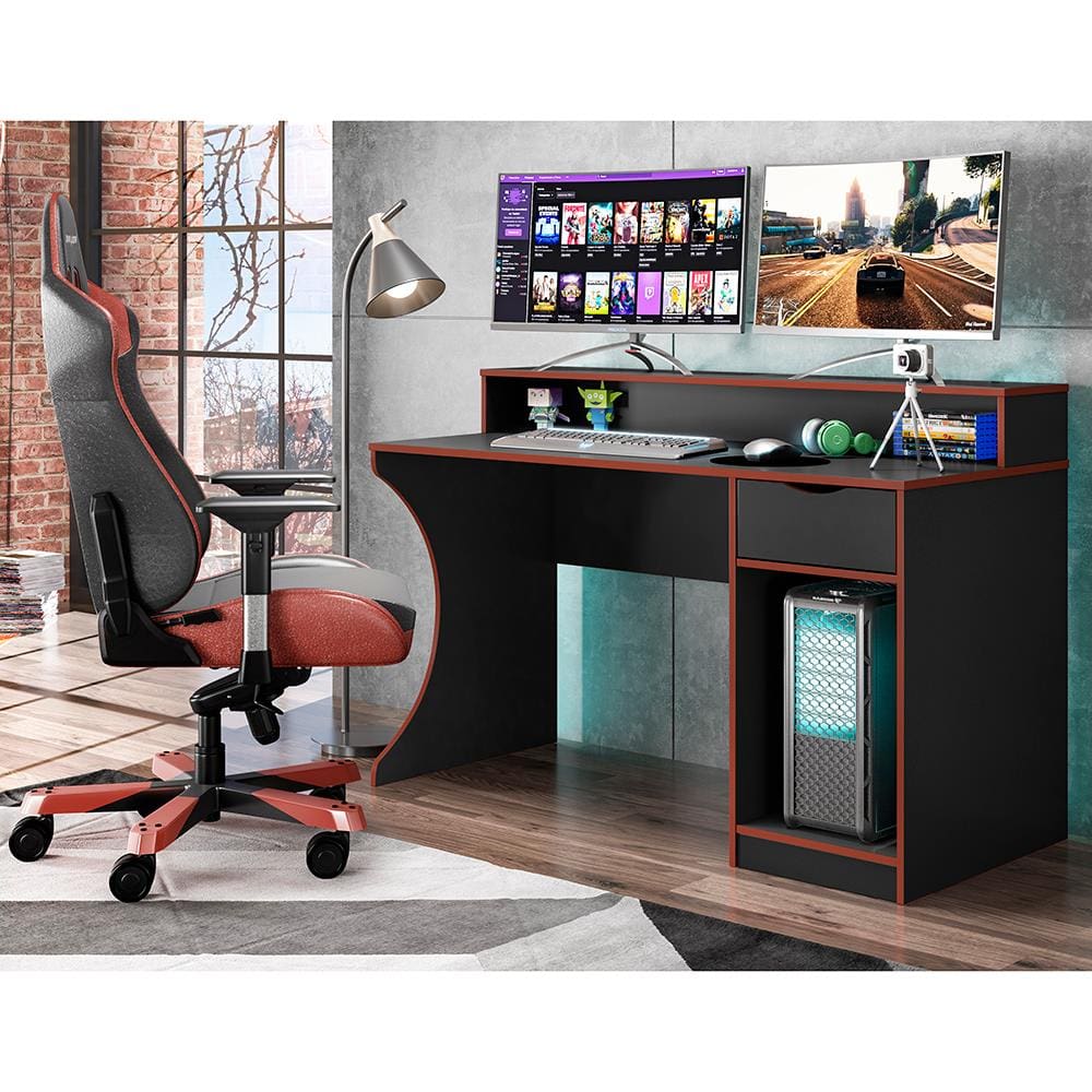 Mesa gamer com prateleira e gaveta | Casas Bahia
